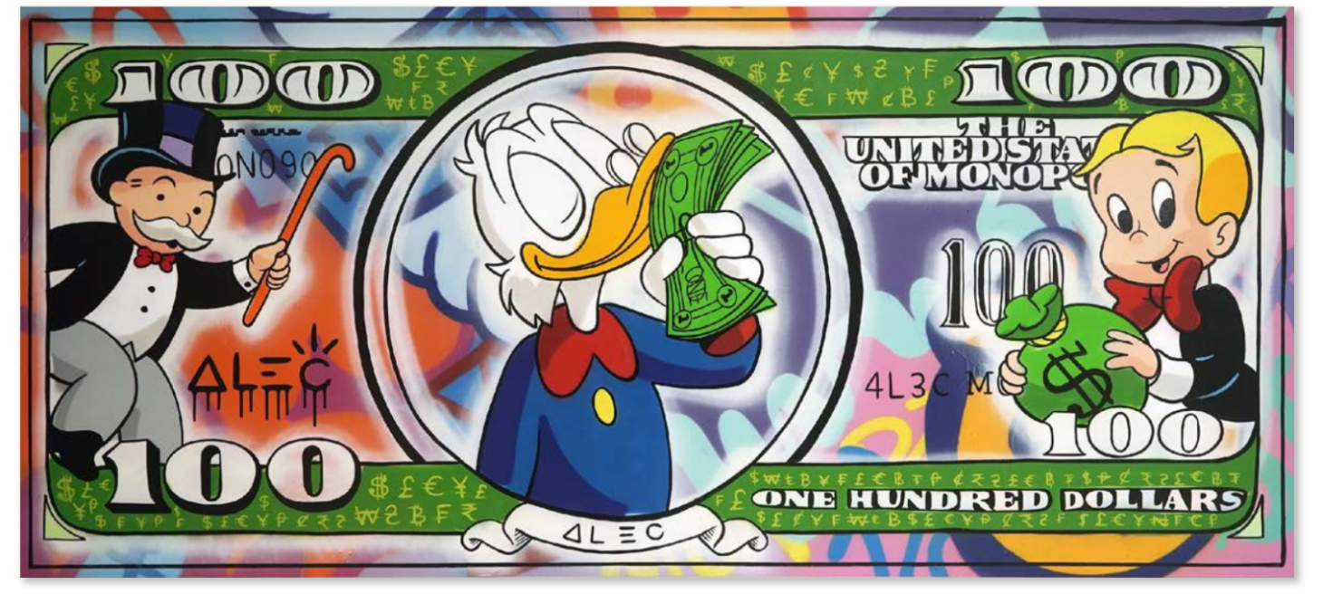 Duffy Duck Smelling $ and Team on Colorfull 100$ bill - Alec Monopoly ...